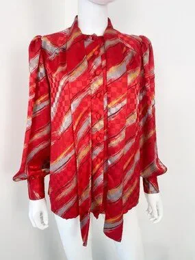 Tops | Vintage 198s Silky Red And Gray Bow Blouse Top Size 1012 | Poshmark